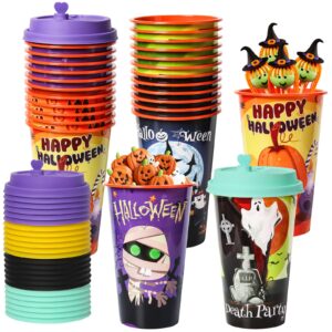 fzr legend 24 pack halloween party favors goodie cups, bats ghost cats pumpkin witch spider party plastic cups with 4 patterns, 16oz reusable halloween party decorations supplies cups with lids plugs