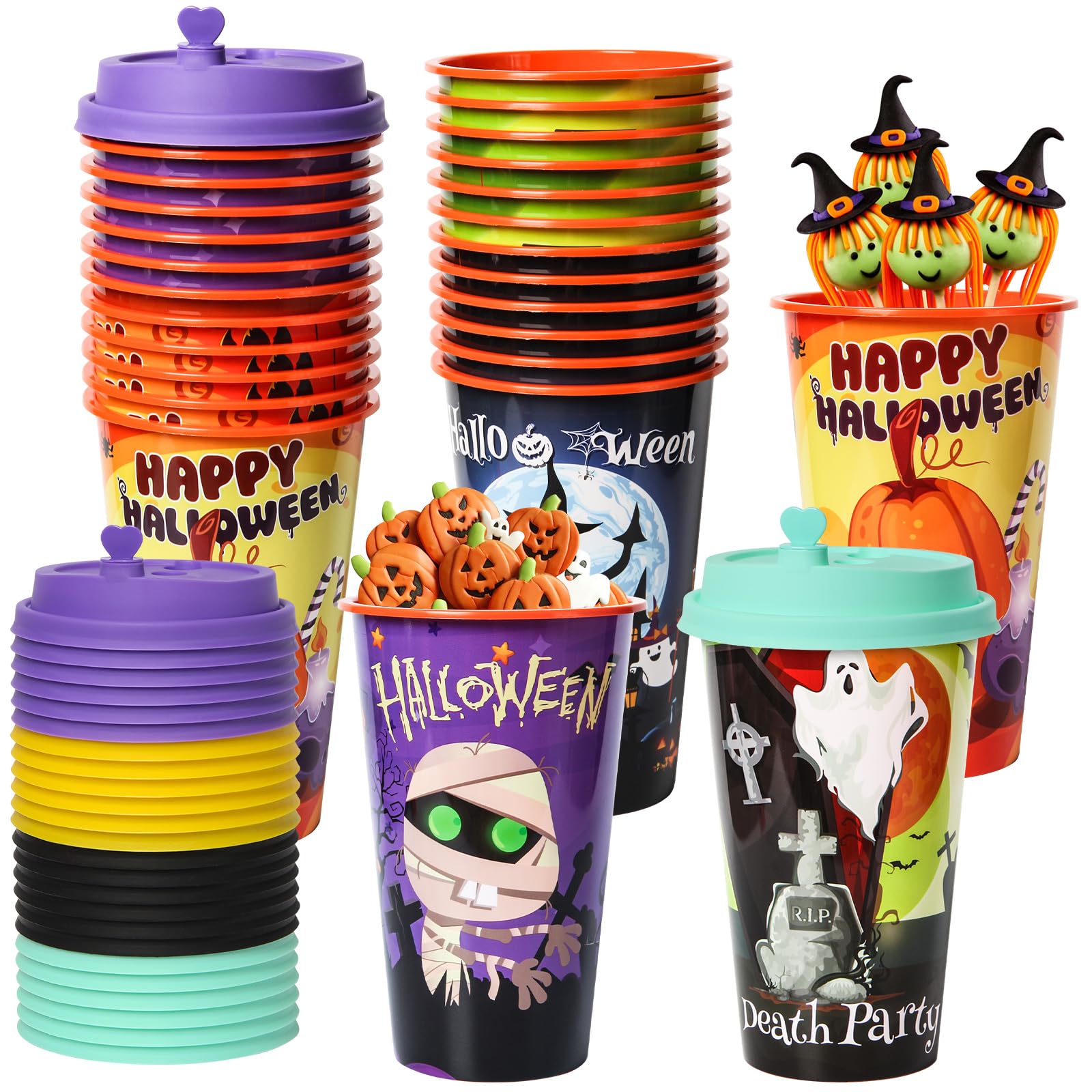 FZR Legend 24 Pack Halloween Party Favors Goodie Cups, Bats Ghost Cats Pumpkin Witch Spider Party Plastic Cups with 4 Patterns, 16OZ Reusable Halloween Party Decorations Supplies Cups with Lids Plugs