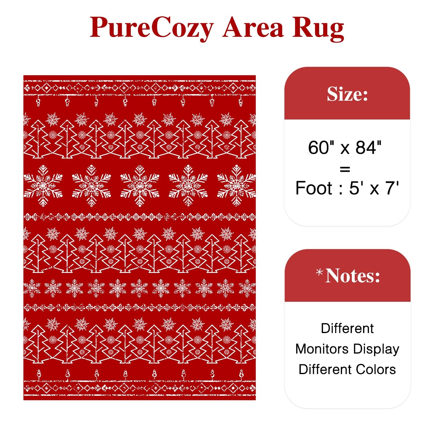 PureCozy Christmas Area Rug 5x7 Red Washable Kitchen Rug Xmas Snowflake Holiday Decor Indoor Throw Rug Decorative Living Room Non Slip Soft Low Pile Carpet Bedroom Dining Room Office Nursery Bathroom