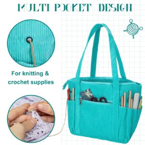 Cosblank Crochet Bag Tote Yarn Knitting Bag Corduroy Teal Yarn Storage Organizer for Crocheting Project Skein Knitting Needles Crochet Hooks Accessories