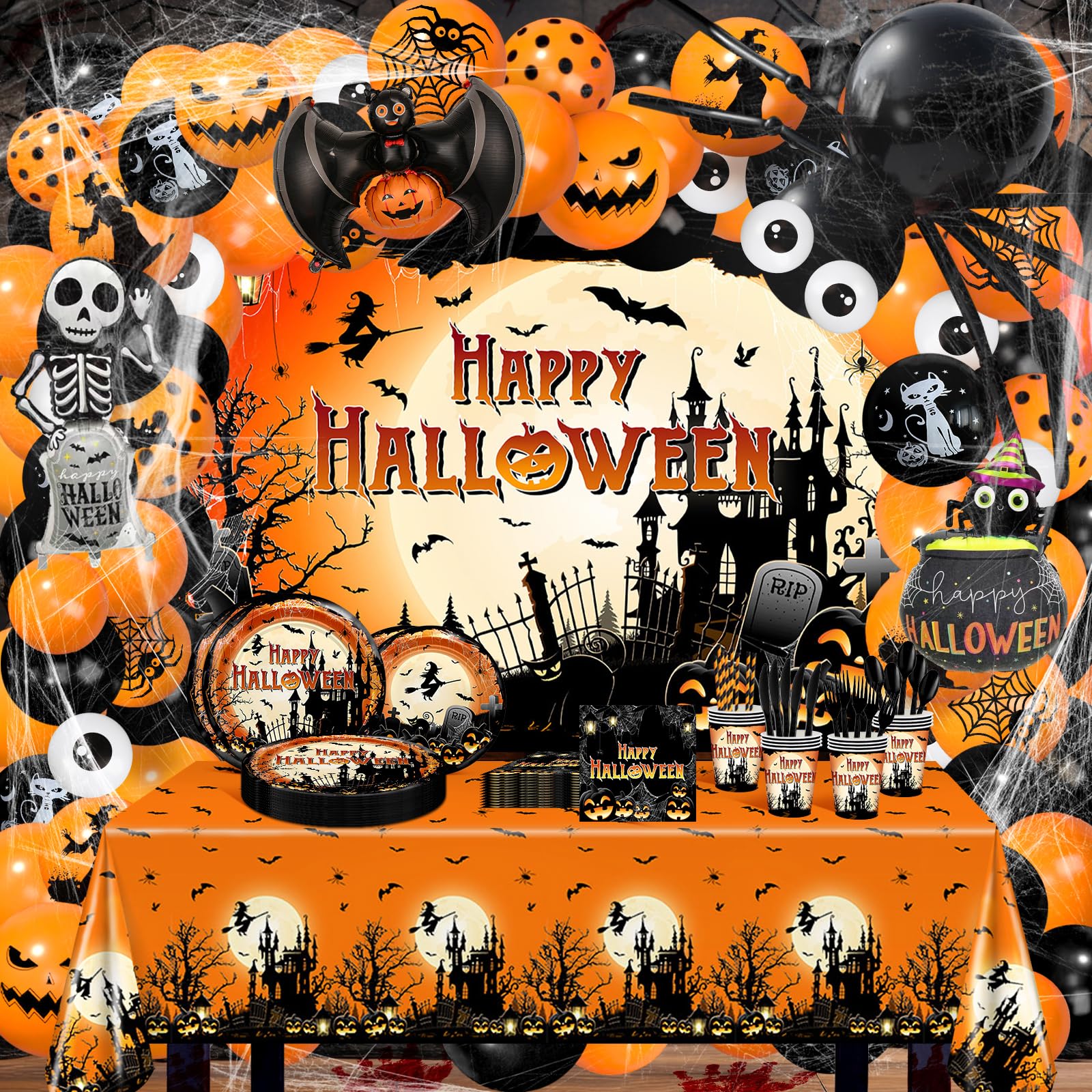 Lecheme Halloween Party Decorations 296 Pcs Halloween Decorations Set Horror Halloween Backdrop Tableware Halloween Balloon Arch Kit Fake Spider Web Halloween Party Supplies (Orange)