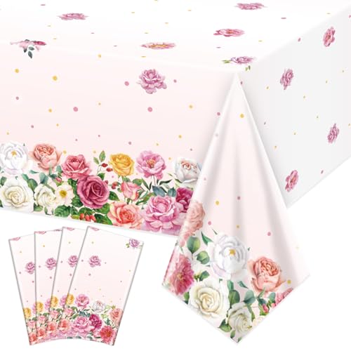 QUERICKY 4 Pack Floral Tablecloths for Birthday, Plastic Rectangle Pink Flower Tablecovers for Tea Party Supplies, Baby Showers, Wedding, Bridal Shower, Birthday, 51x87''