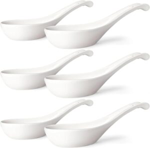 wareland asian soup spoons set of 6, ceramic chinese soup spoons 7 inch japanese spoon for ramen pho dumpling miso wonton noodles | long handle flat bottom deep oval hook design | white