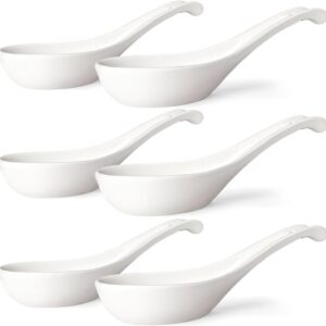 Wareland Asian Soup Spoons Set of 6, Ceramic Chinese Soup Spoons 7 Inch Japanese Spoon for Ramen Pho Dumpling Miso Wonton Noodles | Long Handle Flat Bottom Deep Oval Hook Design | White