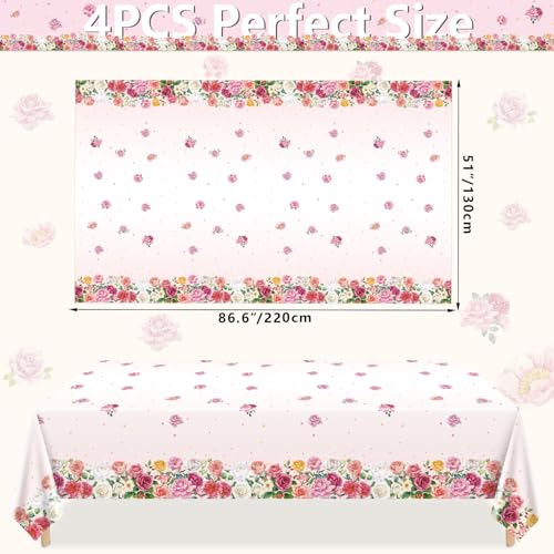 QUERICKY 4 Pack Floral Tablecloths for Birthday, Plastic Rectangle Pink Flower Tablecovers for Tea Party Supplies, Baby Showers, Wedding, Bridal Shower, Birthday, 51x87''