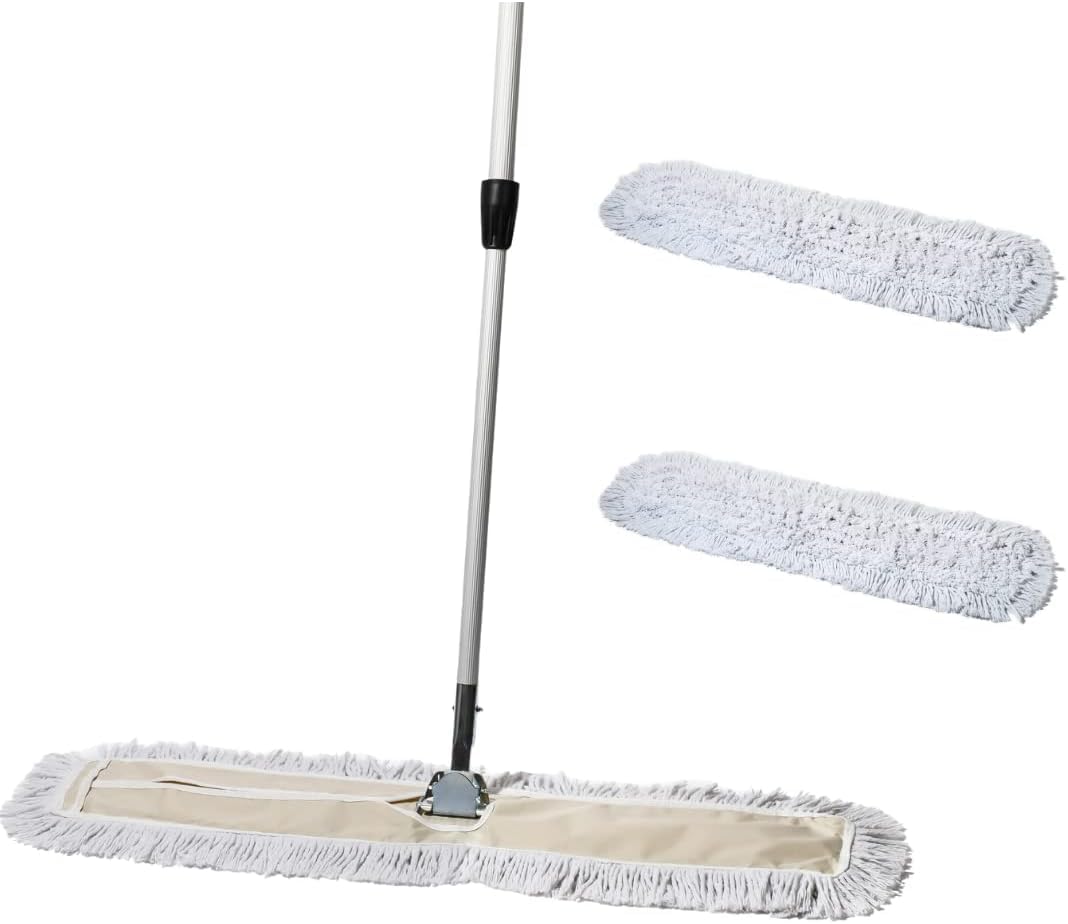 Commercial Dust Mop & Floor Sweeper Bundle, 36 in. Dust Mop for Hardwood Floors, Reusable Dust Mop Head, Extendable Mop Handle, Industrial Dry Mop for Floor Cleaning - 1 Mop Set and 2 Mop Refills