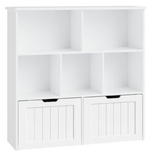 Toy Storage Organizer, Kids Bookshelf and Toy Storage with 2 Movable Drawers, Toy Chest Shelf Organizer with Hidden Wheels and 5 Storage Cubbies, Multifunctional Toy Organizer for Playroom, White