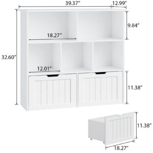 Toy Storage Organizer, Kids Bookshelf and Toy Storage with 2 Movable Drawers, Toy Chest Shelf Organizer with Hidden Wheels and 5 Storage Cubbies, Multifunctional Toy Organizer for Playroom, White