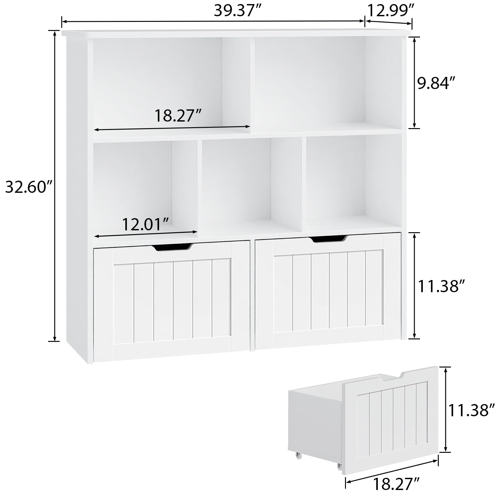 Toy Storage Organizer, Kids Bookshelf and Toy Storage with 2 Movable Drawers, Toy Chest Shelf Organizer with Hidden Wheels and 5 Storage Cubbies, Multifunctional Toy Organizer for Playroom, White