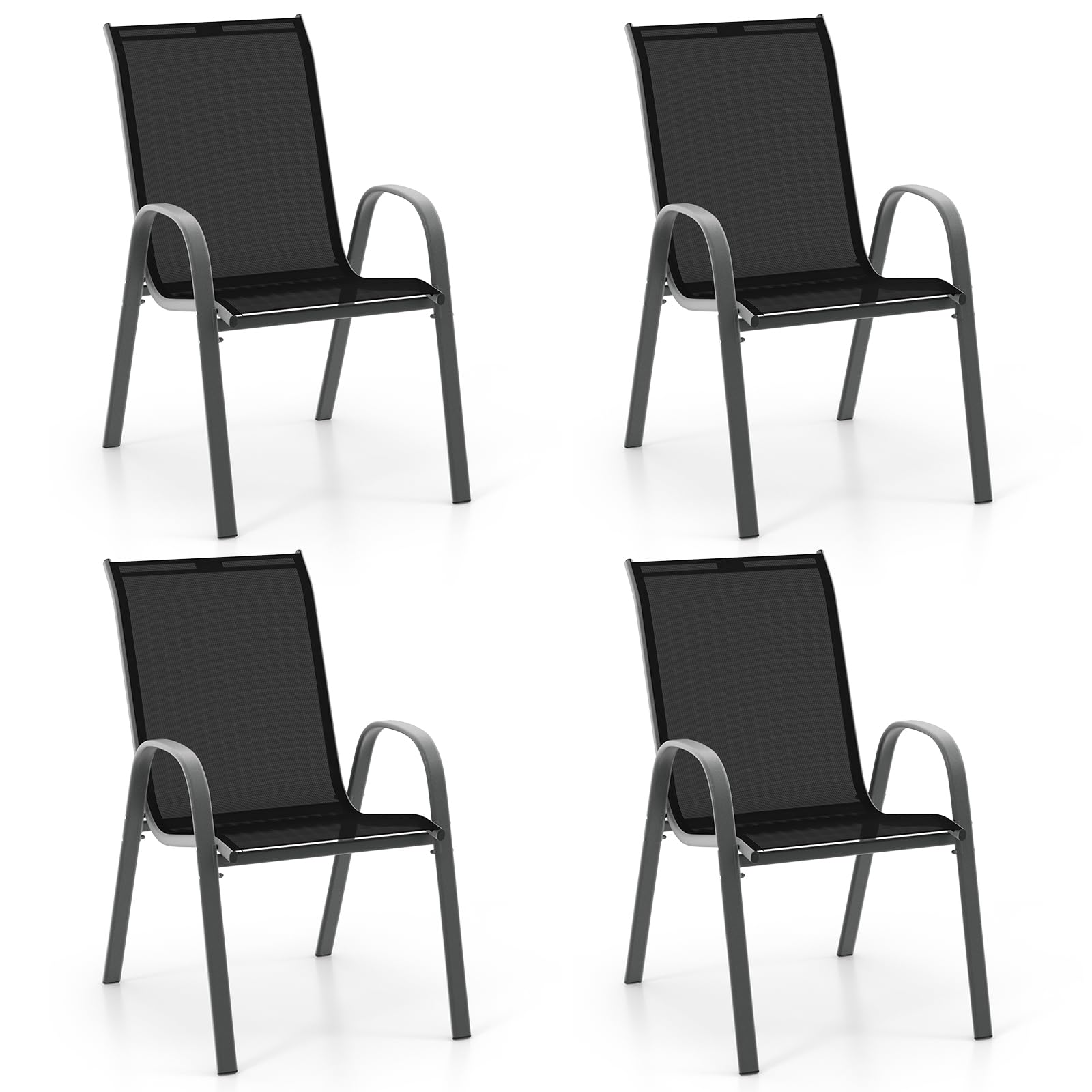 MEDIMALL Patio Chairs, Stackable Patio Chairs Set of 4, Black Lawn Chairs with Armrest & Breathable Fabric for All Weather, Outdoor Dining Chairs for Yard, Poolside, Balcony, Garden