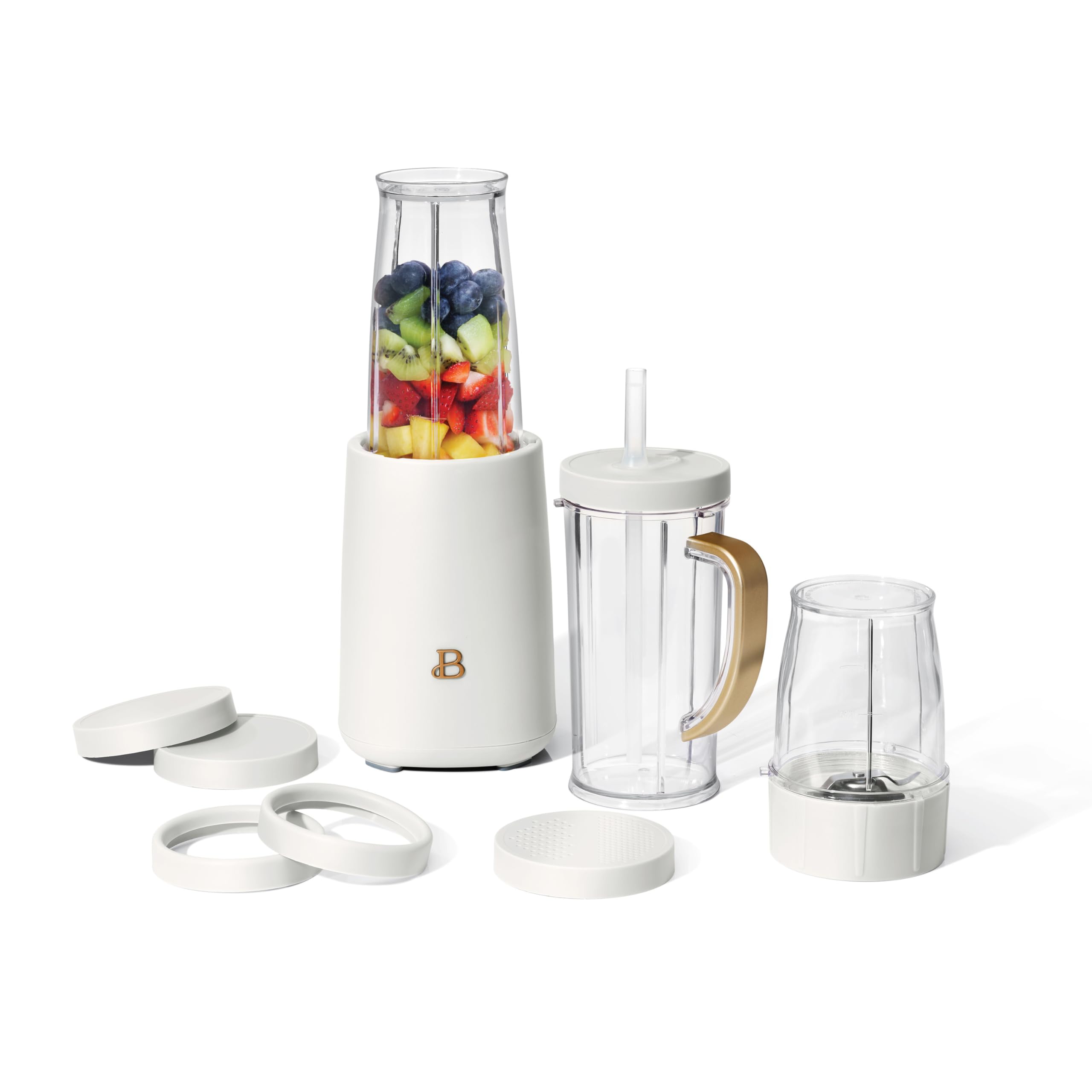 SeaMory Personal Blender Set, 13.5 oz Blending Cup, 16 oz Travel Cup, 6 oz Grinding Cup, 12 Pieces, 240W, 285 Peak Watts, BPA-Free, white