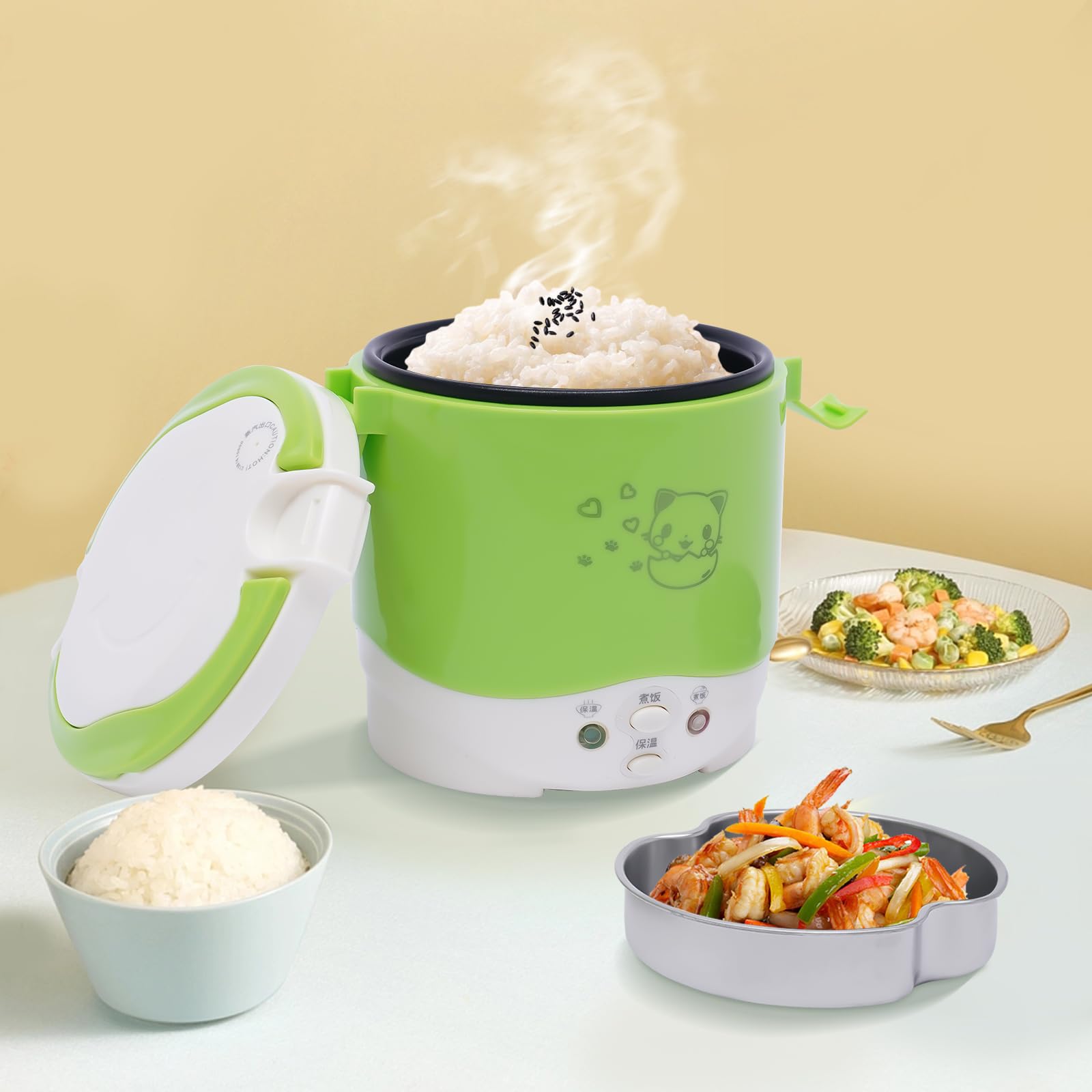 Portable Travel Rice Cooker For Car, 12V 1 Cup Mini Rice Cooker Steamer with Non Stick Pot, 0.26gal Electric Rice Cooker, Keep Warm 2h (Green)