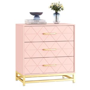 garveehome 3 drawer dresser, wood chest drawers with storage for closet, bedroom, drawers dresser modern bedside nightstand with gold handles, pink