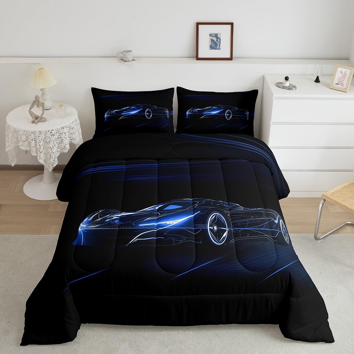 Feelyou Blue Race Car Bedding Set Full Size for Kids Boys Extreme Sport Games Comforter Set Teens Toddler Fast and Furious Duvet Set Cool Modern Quilt Set 3Pcs