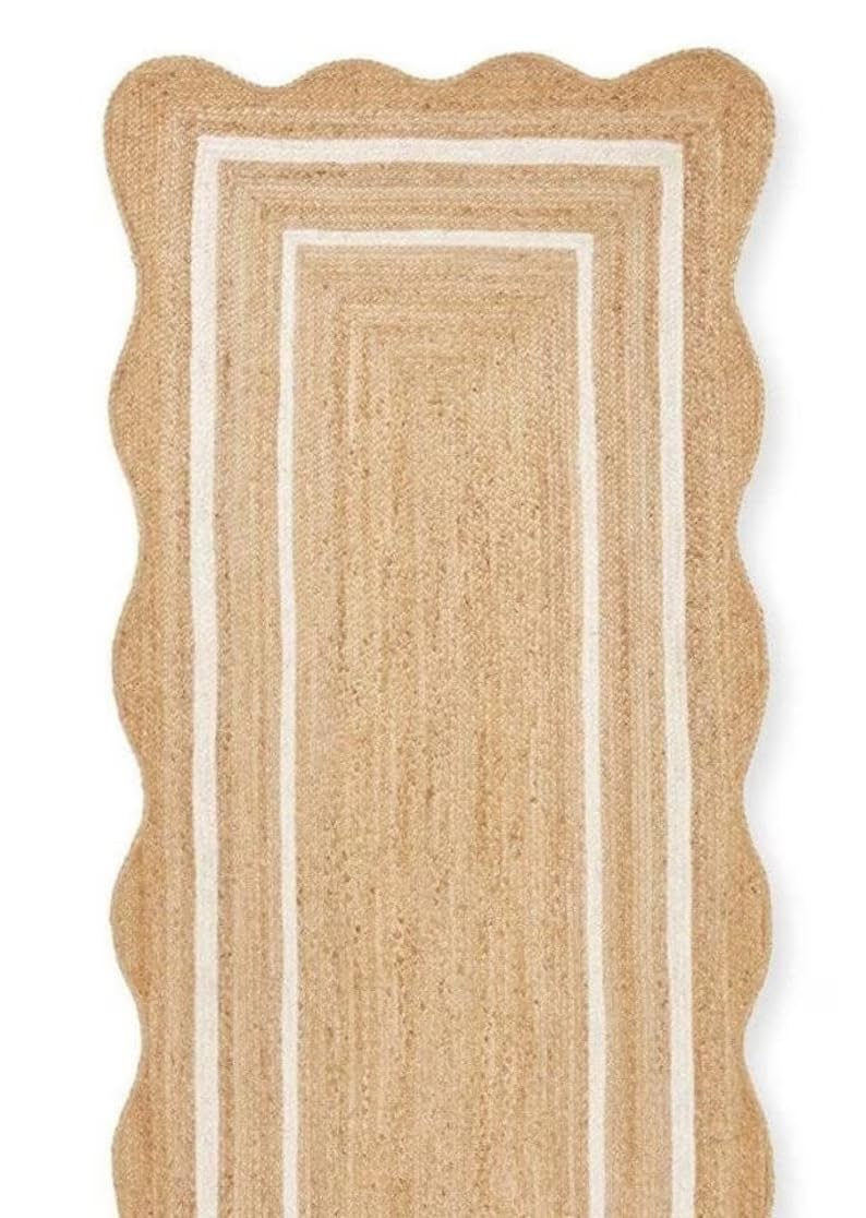 CRAFTED CREATION Scalloped Natural Runner Rug, Bohemian Scallop Rug, Natural Jute Rug,Scalloped Natural Jute Rug Boho Jute Rug Entryway Runner Rug Farmhouse, Off White (2'x6')