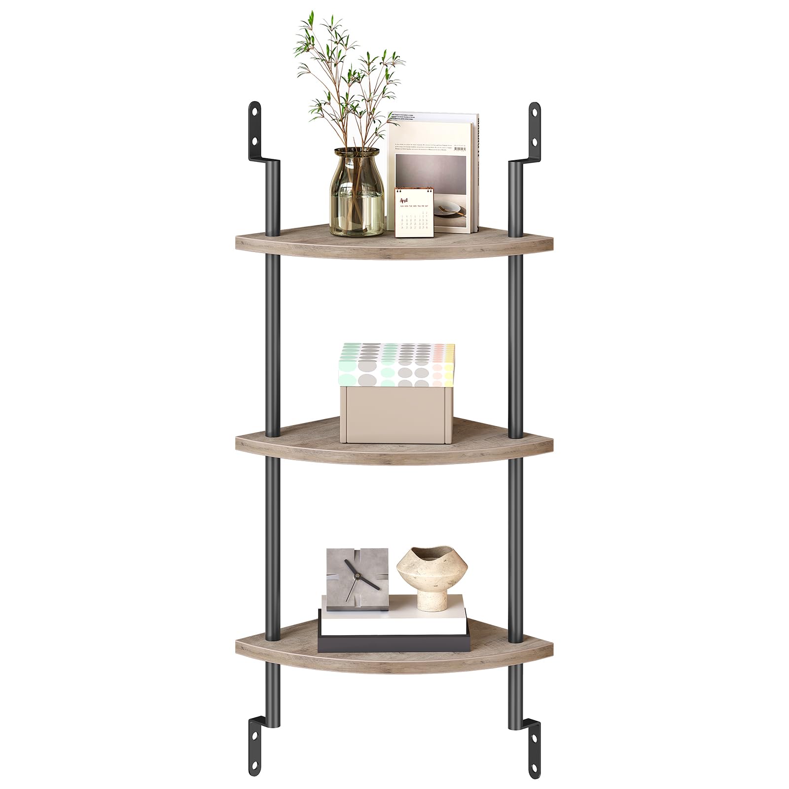 HOOBRO 3-Tier Corner Shelf Wall Mounted, Corner Floating Shelves, Corner Storage Rack, Plant Display Shelf, Corner Bookshelf for Wall in Living Room, Kitchen, Study, Greige and Black BG36BJ01