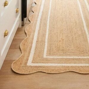 CRAFTED CREATION Scalloped Natural Runner Rug, Bohemian Scallop Rug, Natural Jute Rug,Scalloped Natural Jute Rug Boho Jute Rug Entryway Runner Rug Farmhouse, Off White (2'x6')