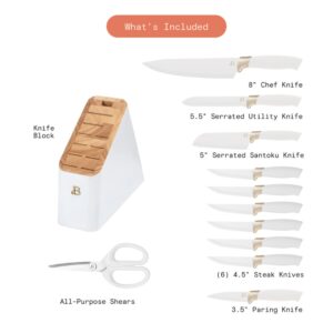 SeaMory 12 Piece Knife Block Set, Soft-Grip Ergonomic Handles, Stick Resistant, Razor Sharp, Comfortable, Easy Care, BPA-Free, White & Gold