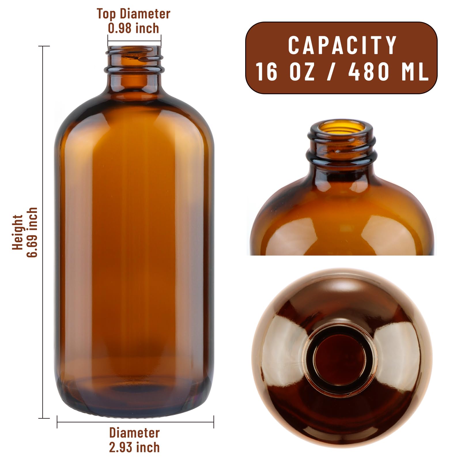 PINIWON 12 Pack 16 oz Amber Glass Bottles, Boston Round Sample Bottles with Black Poly Cone Caps, Labels and Funnels