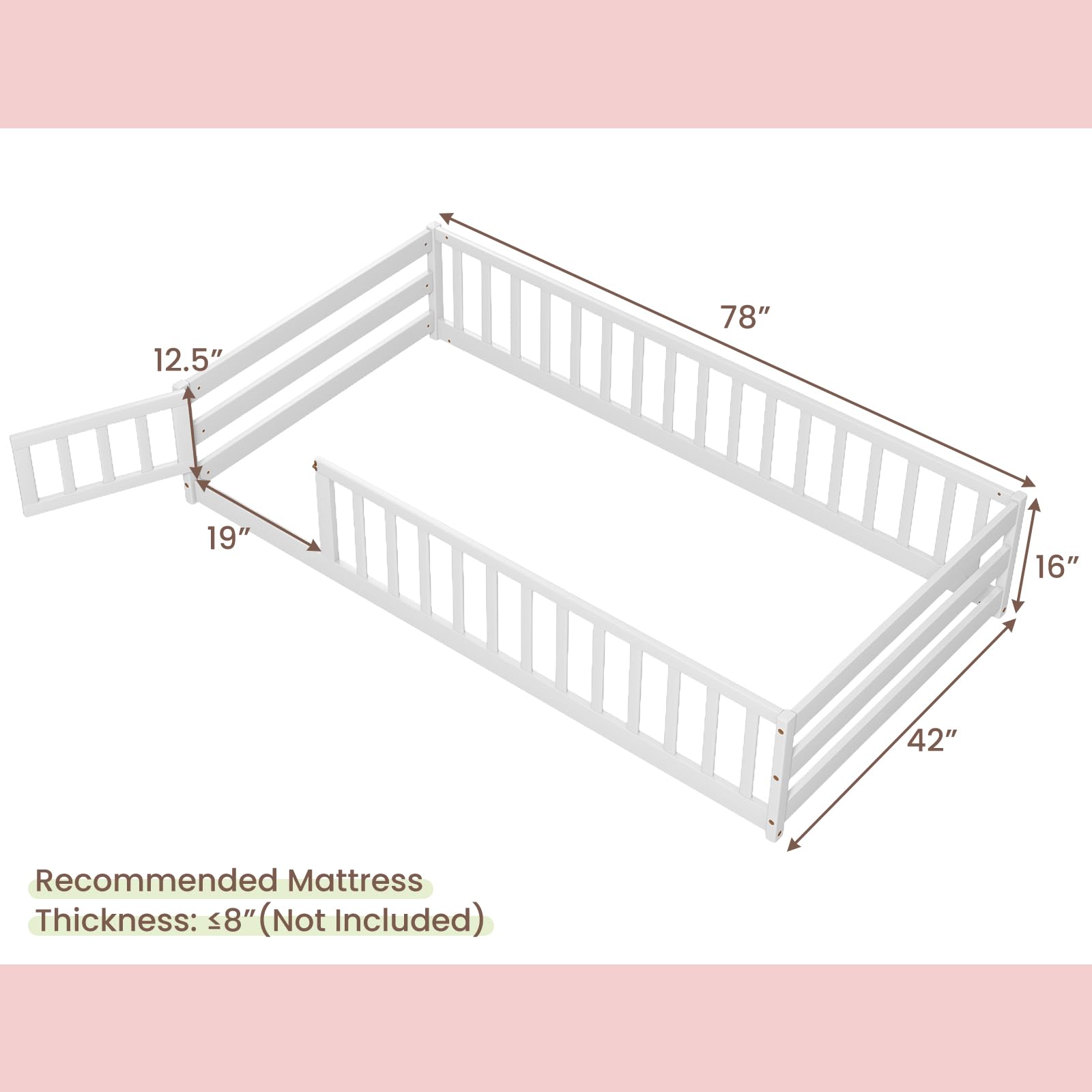 Giantex Twin Floor Bed with Door & Fence, Kids Wood Montessori Bed with Safety Guardrails, Floor Bed Frame for Kids, Boys, Girls, No Box Spring Needed, Floor Bed Twin (White)