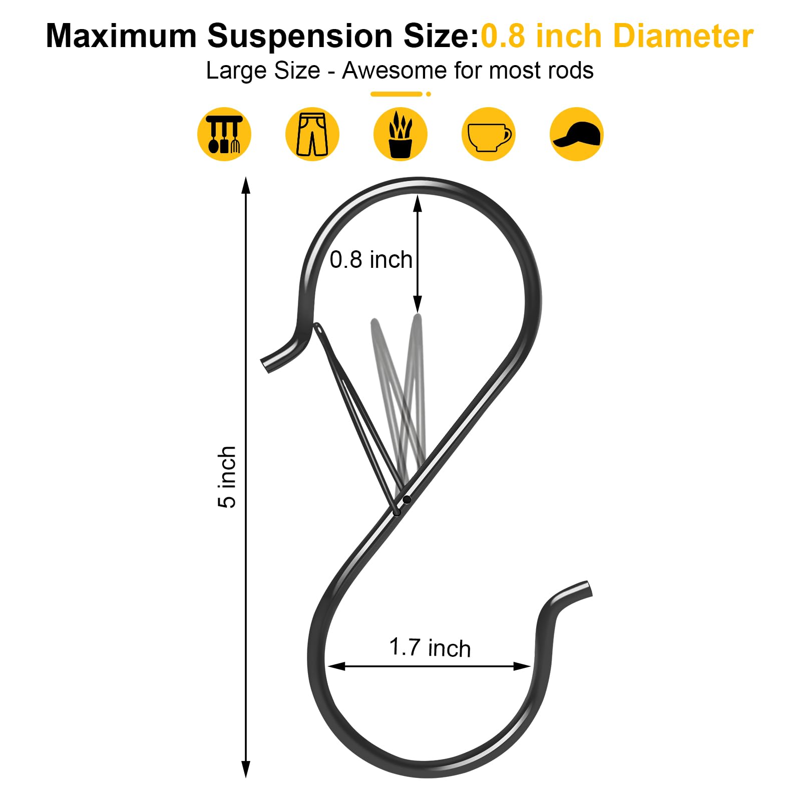 Waitkey 6 Pack Large S Hooks for Hanging, 5 inch Heavy Duty Metal S Hooks with Safety Buckle S Shaped Hooks Pot Rack Closet Hooks for Hanging Plants, Clothes, Kitchen Utensil, Pots, Pans, Bags