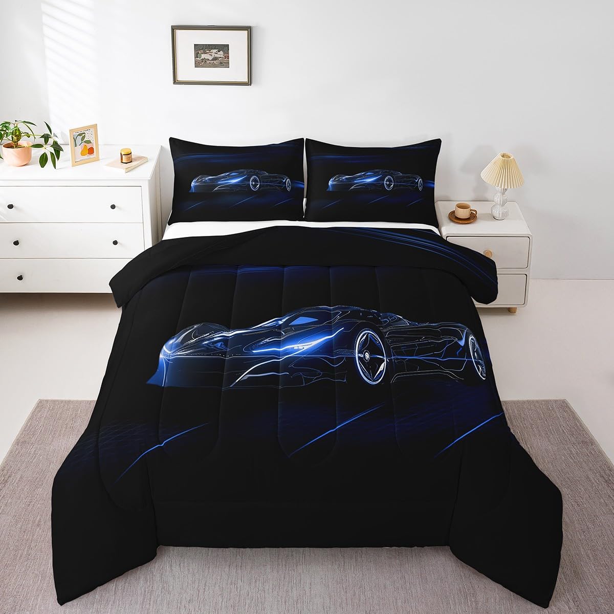 Feelyou Blue Race Car Bedding Set Full Size for Kids Boys Extreme Sport Games Comforter Set Teens Toddler Fast and Furious Duvet Set Cool Modern Quilt Set 3Pcs