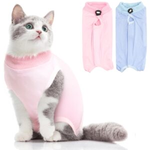 2pack cat surgery recovery suit clothes for female and male,cat onesie shirts for cat after surgery,cat spay surgical recovery suit stop licking abdominal wound,cat cone collar substitute-pink&blue,m