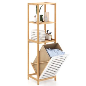 goflame tilt out laundry hamper with 3-tier storage shelves, 51” tall bathroom storage shelf with removable basket, bamboo laundry basket organizer for bathroom, laundry room, bedroom, natural