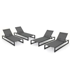 christopher knight home modesta outdoor finished aluminum framed chaise lounge with grey mesh body (set of 4), 77 "w x 26.5 "d x 10.5 "h, black + gray