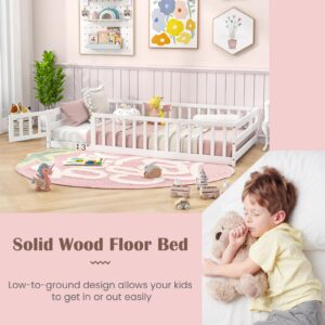 Giantex Twin Floor Bed with Door & Fence, Kids Wood Montessori Bed with Safety Guardrails, Floor Bed Frame for Kids, Boys, Girls, No Box Spring Needed, Floor Bed Twin (White)