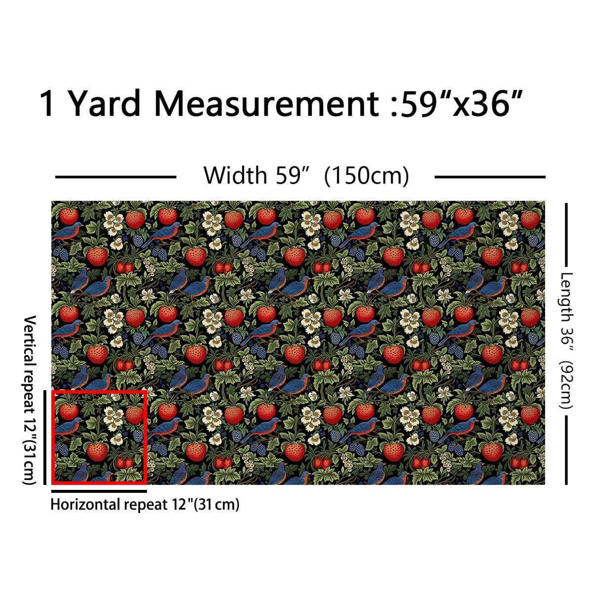 Erosebridal Strawberry Fabric by The Yard, Flowers Birds Waterproof Upholstery Fabric, Animals Botanical DIY Indoor Outdoor Fabric, Lichee Fruits Decorative Fabric, Red Green Blue, 1 Yard