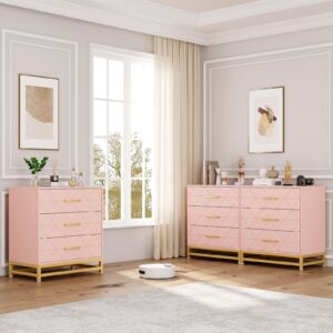 GarveeHome 3 Drawer Dresser, Wood Chest Drawers with Storage for Closet, Bedroom, Drawers Dresser Modern Bedside Nightstand with Gold Handles, Pink