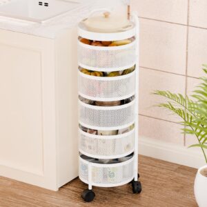 Makamsui Rotating Storage Shelves Rack for Kitchen, 5-Tier Fruit Vegetable Basket Shelf Organizer on Rolling Wheels for Fruit Vegetable Grocery Corns Potato Onion, Mobile Utility Cart for Living Room