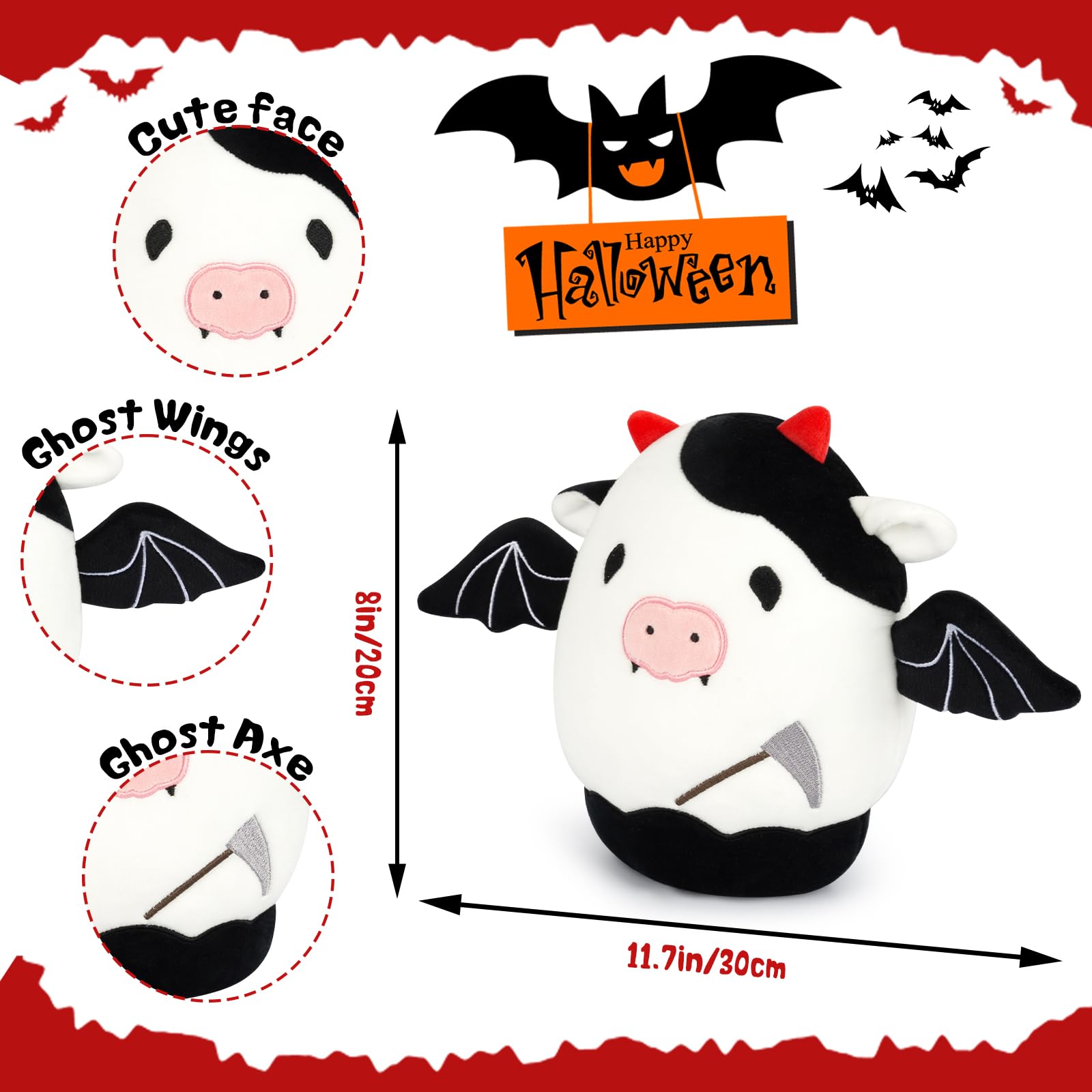 Bekrgwiy Halloween Stuffed Animal,8 in Halloween Cow Plush Pillow,Halloween Cow Plushie Doll Toys,Cute Halloween Stuffed Cow Plush with Wings,Gift for Halloween Kids Boys Girls