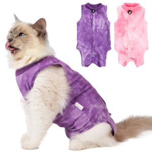 2 pack cat surgery recovery suit clothes for female and male,cat onesie shirts for cats after surgery,cat spay surgical recovery suit,cat cone to stop licking abdominal wound alternative-pink&purple,m