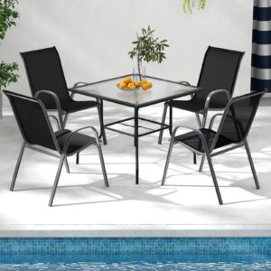 MEDIMALL Patio Chairs, Stackable Patio Chairs Set of 4, Black Lawn Chairs with Armrest & Breathable Fabric for All Weather, Outdoor Dining Chairs for Yard, Poolside, Balcony, Garden