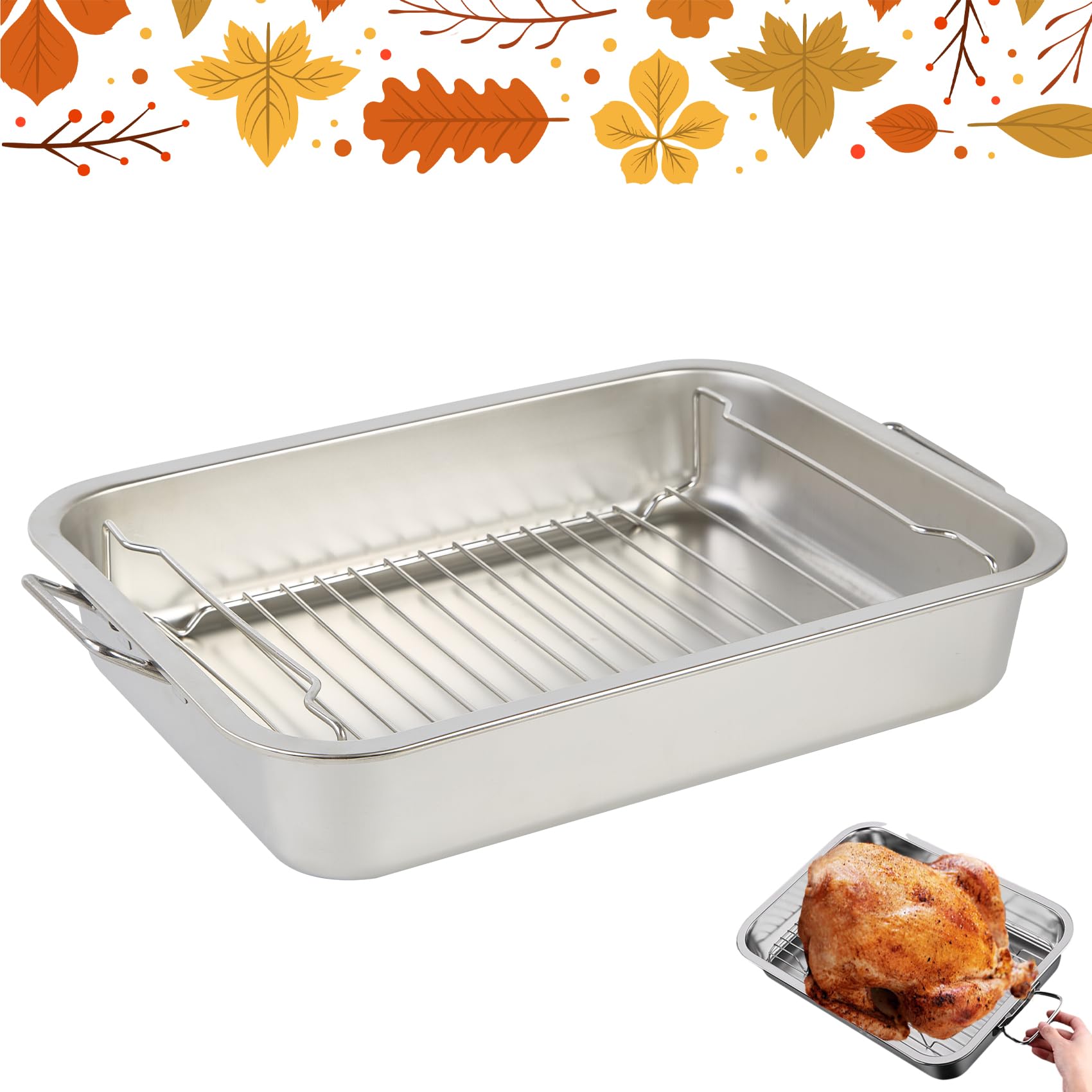 16x12x3 Inch Stainless Steel Roasting Pan with Rack, Turkey Baking Roaster Pan, For Roasting Meat,Chicken,Turkey, Lasagna