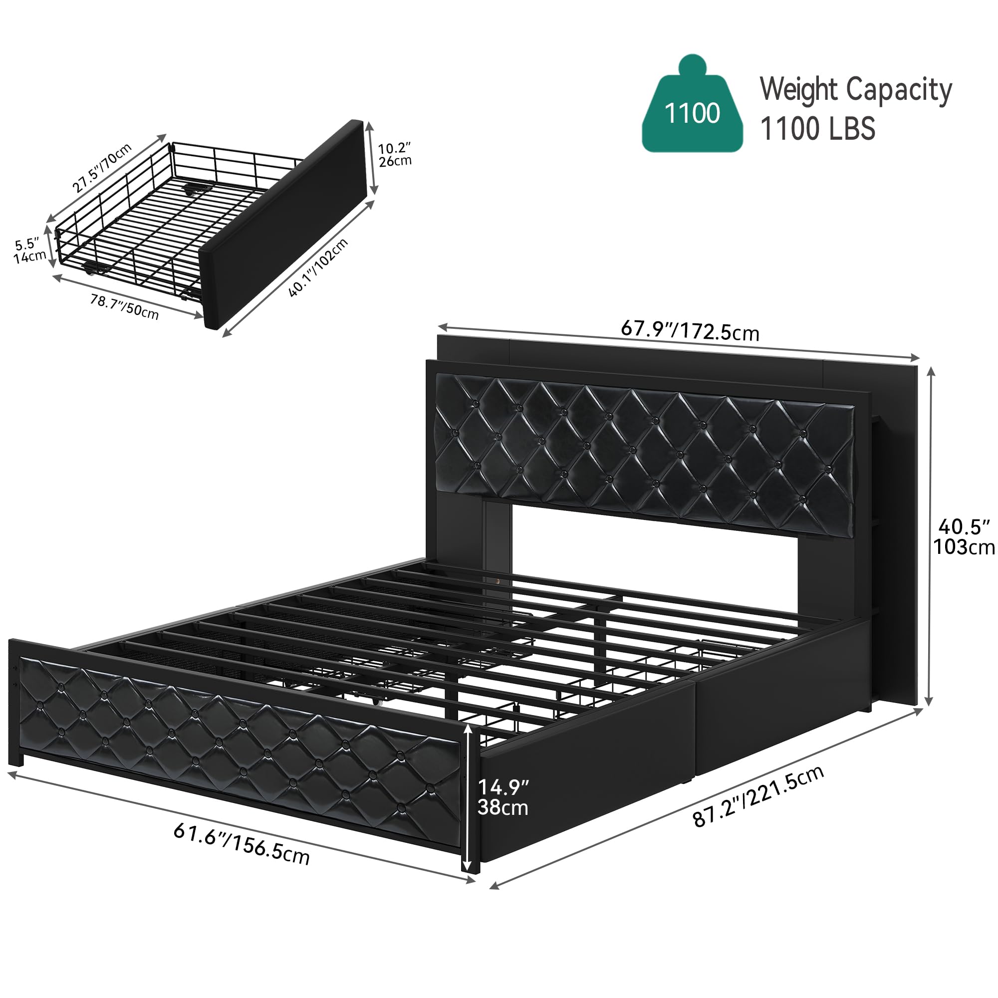 YITAHOME Queen Bed Frame with Headboard & 4 Storage Drawers, Modern Upholstered Faux Leather Platform Bed with RGB LED Lights & USB-C Charging Ports, No Box Spring Needed, Black