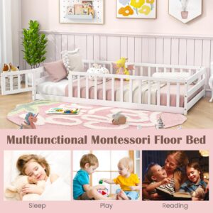 Giantex Twin Floor Bed with Door & Fence, Kids Wood Montessori Bed with Safety Guardrails, Floor Bed Frame for Kids, Boys, Girls, No Box Spring Needed, Floor Bed Twin (White)