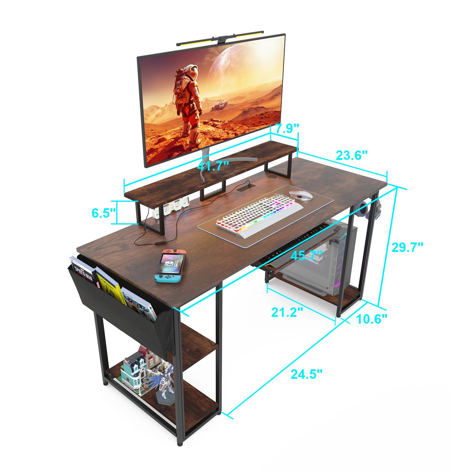 Wokerwie Gaming Desk with Led Lights & Power Outlets,Wooden Computer Desk with Fabric File Cabinet and Hook, 45 Inch Home Office Desk with Monitor Stand & Storage Sheves, Writing Desk, Brown