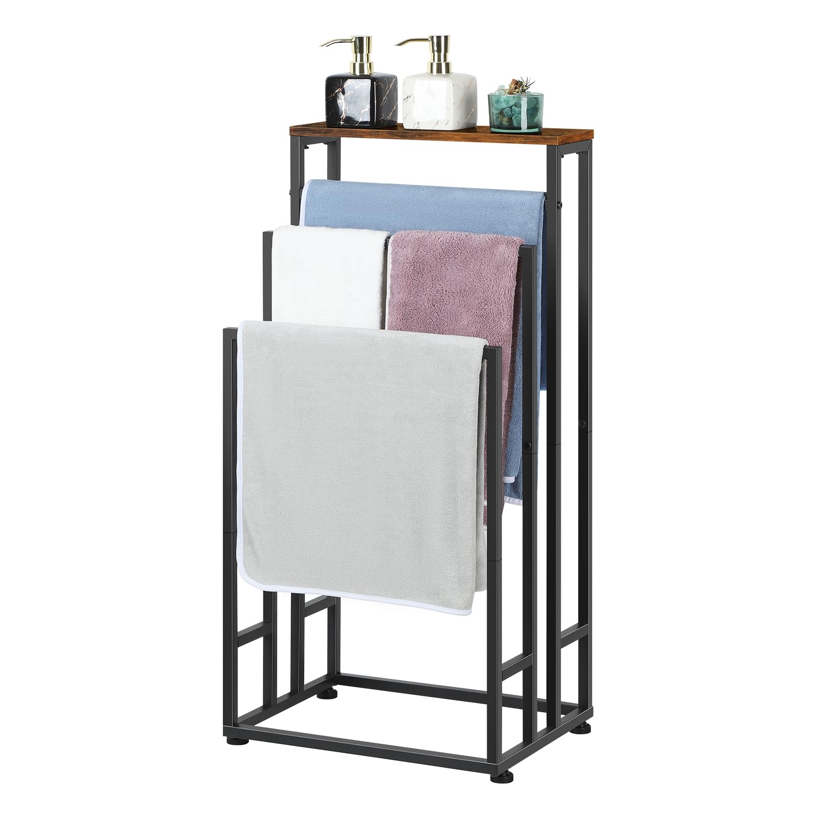 Bathroom Standing Towel Rack 3 Tier Metal Towel Holder Stand Farmhouse Blanket Ladder Holder with Storage Shelf for Bedroom Living Room, Black & Brown