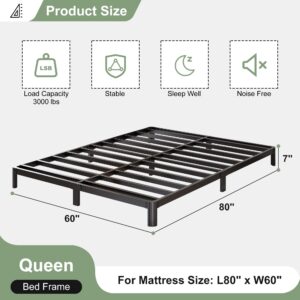 Lutown-Teen 7 Inch Low Queen Bed Frame with Rounded Corner Legs, 2000 LBS Heavy Duty Metal Slats Support Queen Platform Bed Frame No Box Spring Needed, Easy Assembly, Black