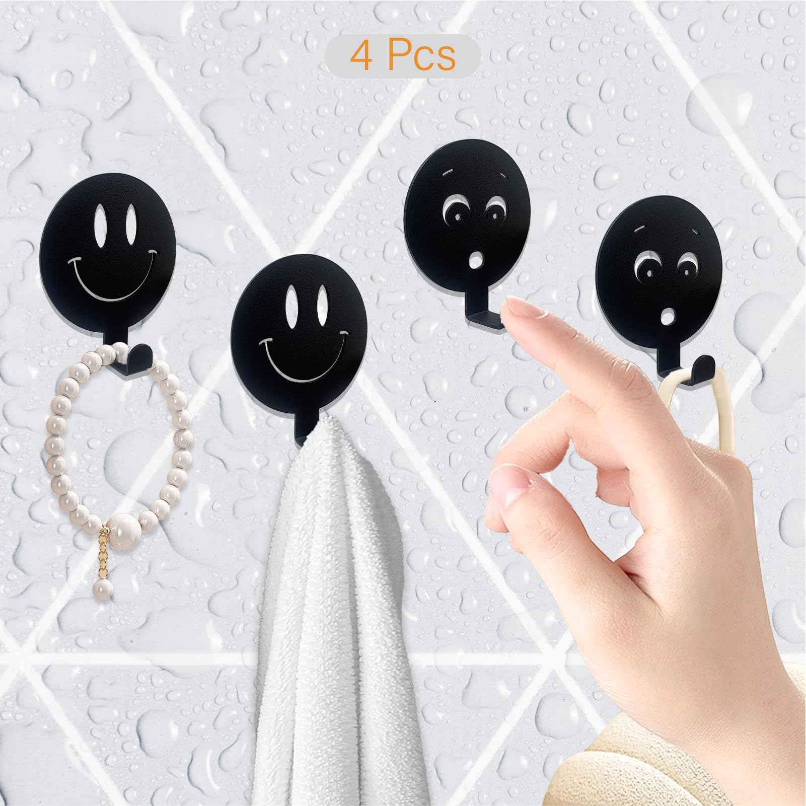 CatTerranM Self Adhesive Towel Hooks, Facial Emotion Wall Hangers, Metal Bath Towel Hanging Hooks, Black Metal Adhesive Wall Hooks for Bathroom Kitchen Keys Hats Coats Robes (4-Pack)