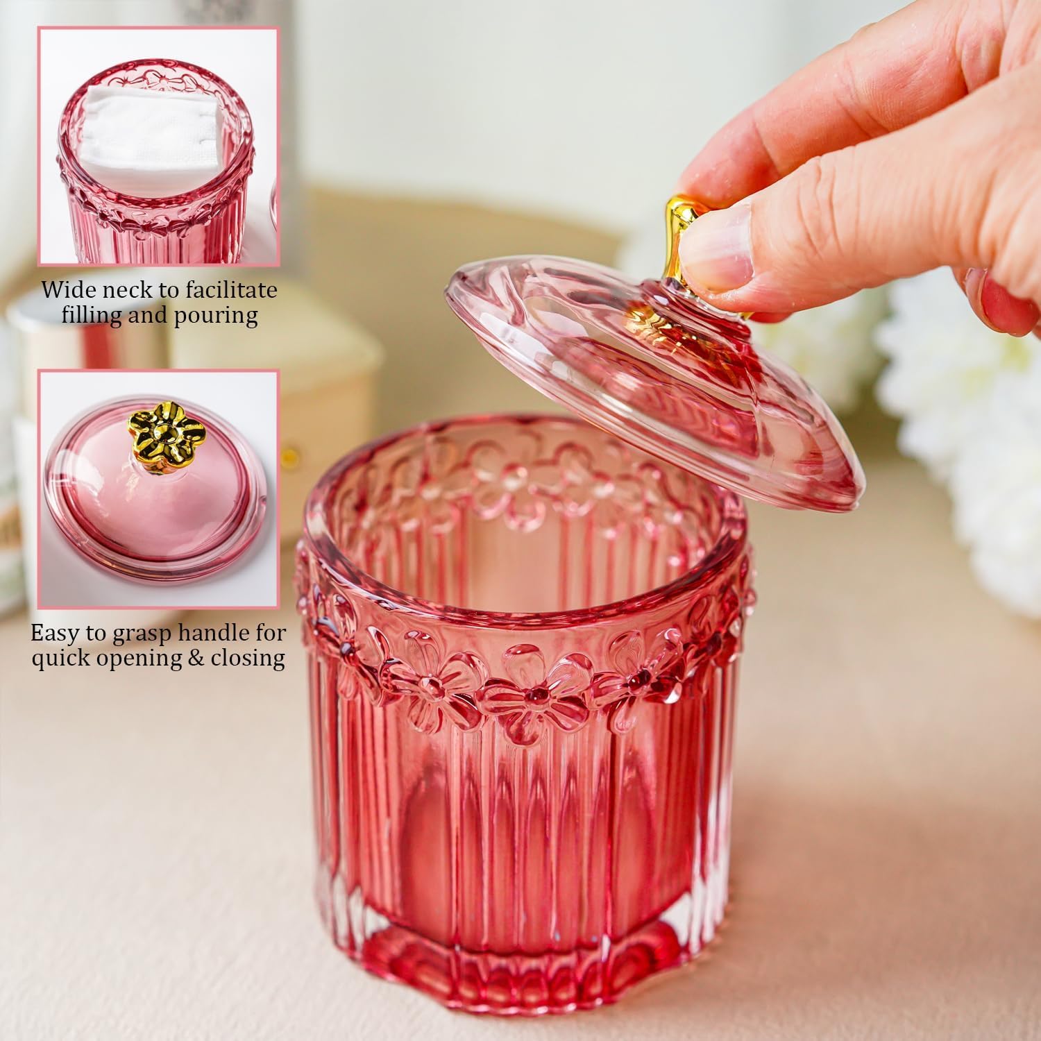 H&D HYALINE & DORA Pink Qtip Holder Dispensers Glass Apothecary Jars with Lids Bathroom Canisters Small Glass Jars for Cotton Ball, Cotton Swab