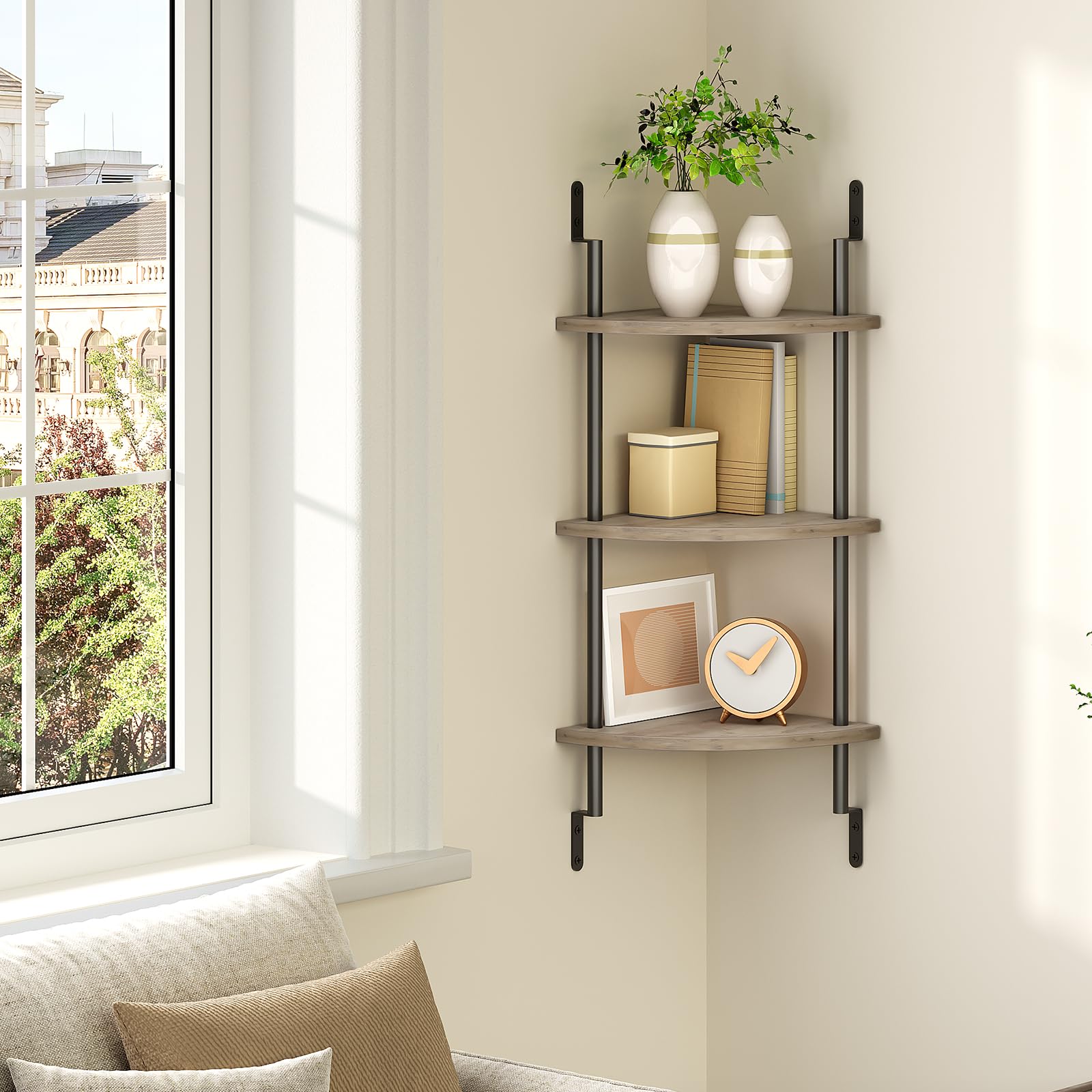 HOOBRO 3-Tier Corner Shelf Wall Mounted, Corner Floating Shelves, Corner Storage Rack, Plant Display Shelf, Corner Bookshelf for Wall in Living Room, Kitchen, Study, Greige and Black BG36BJ01