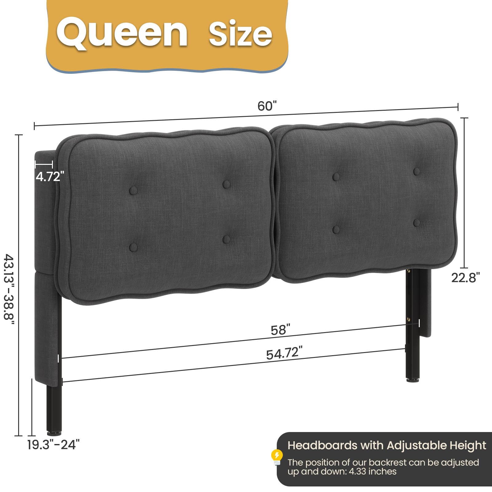 DICTAC Headboard for Queen Size with Storage Space Modern Linen Fabric Upholstered Headboard Queen Size,Adjustable Height,Biscuit Shape,No Bracket Adapter Required,Easy Assembly, Dark Grey