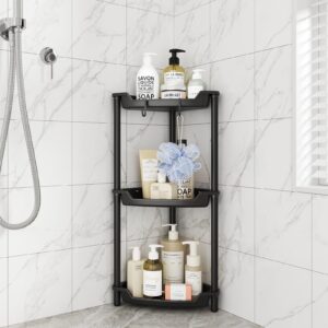 elyken corner shower caddy, 3 tier rustproof floor standing shower organizer, plastic metal splicing floor shower corner shelf rack storage stands adjustable feet & 2 hooks for bathroom, black