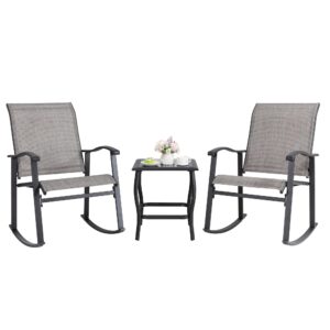 shintenchi 3 piece rocking bistro set, outdoor furniture with rocker chairs and glass coffee table set of 3, balcony, porch furniture for small space, gray