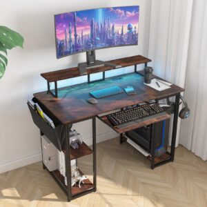 wokerwie gaming desk with led lights & power outlets,wooden computer desk with fabric file cabinet and hook, 45 inch home office desk with monitor stand & storage sheves, writing desk, brown