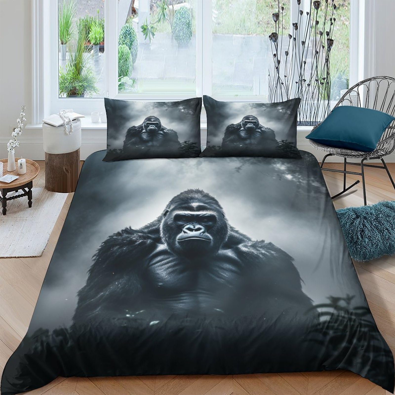 EVMILA Gorillas Bedding Set Comforter Covers 3D Printedwild Animal Quilt Cover Duvet Cover 3 Pieces for Childrens and Adults with Pillowcases Microfiber with Zipper Closure Queen（228x228cm）